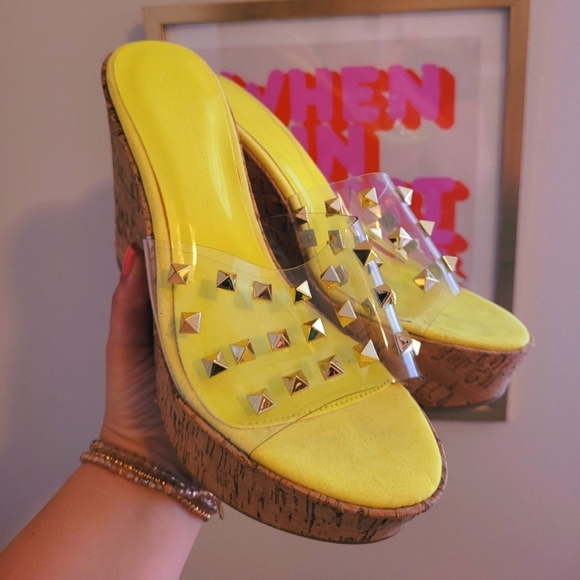 Miss Lola | Shoes | Neon Green Studded Wedges | Poshmark